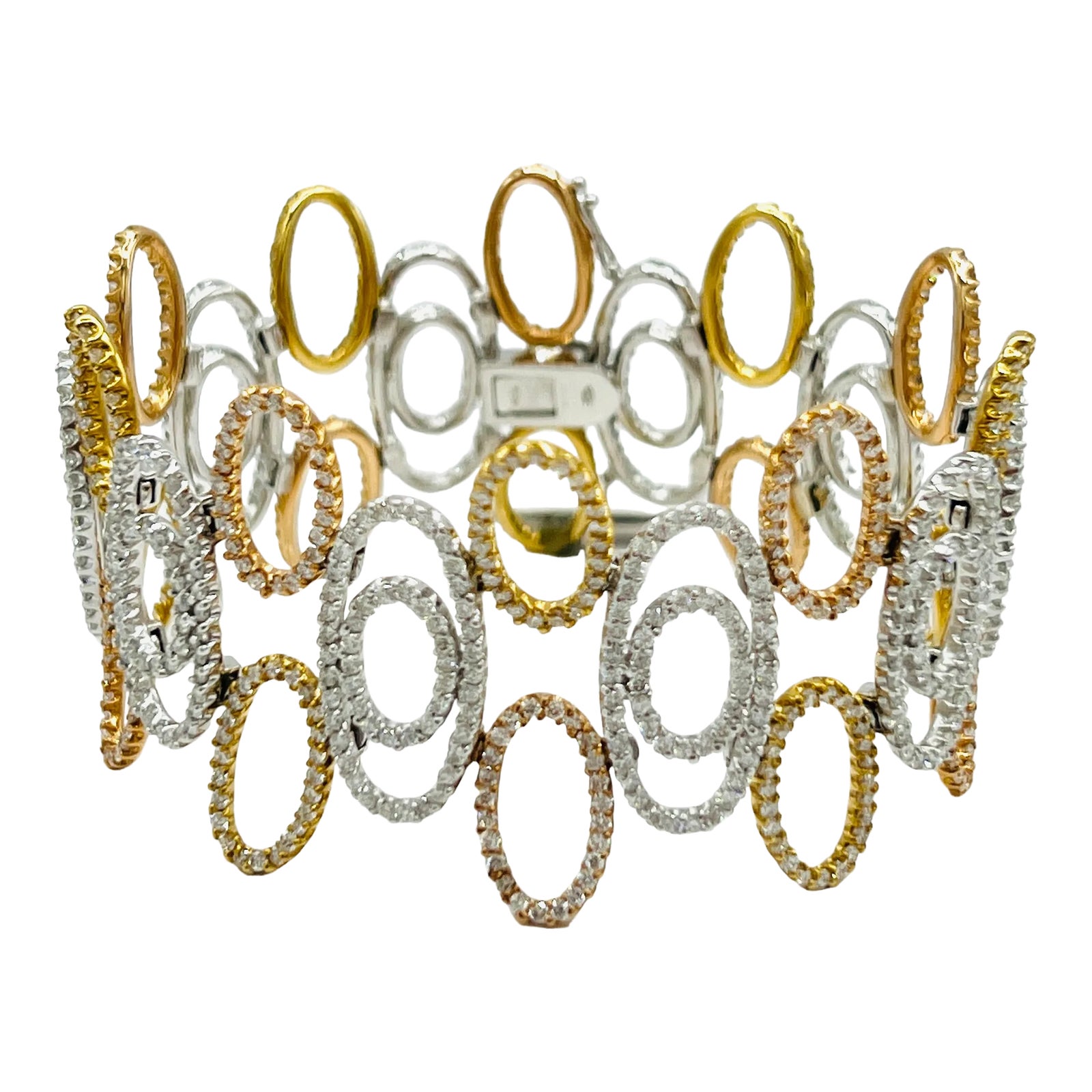 White Diamond Oval Design Bracelet in 18k 3 Tone Gold | Chairish