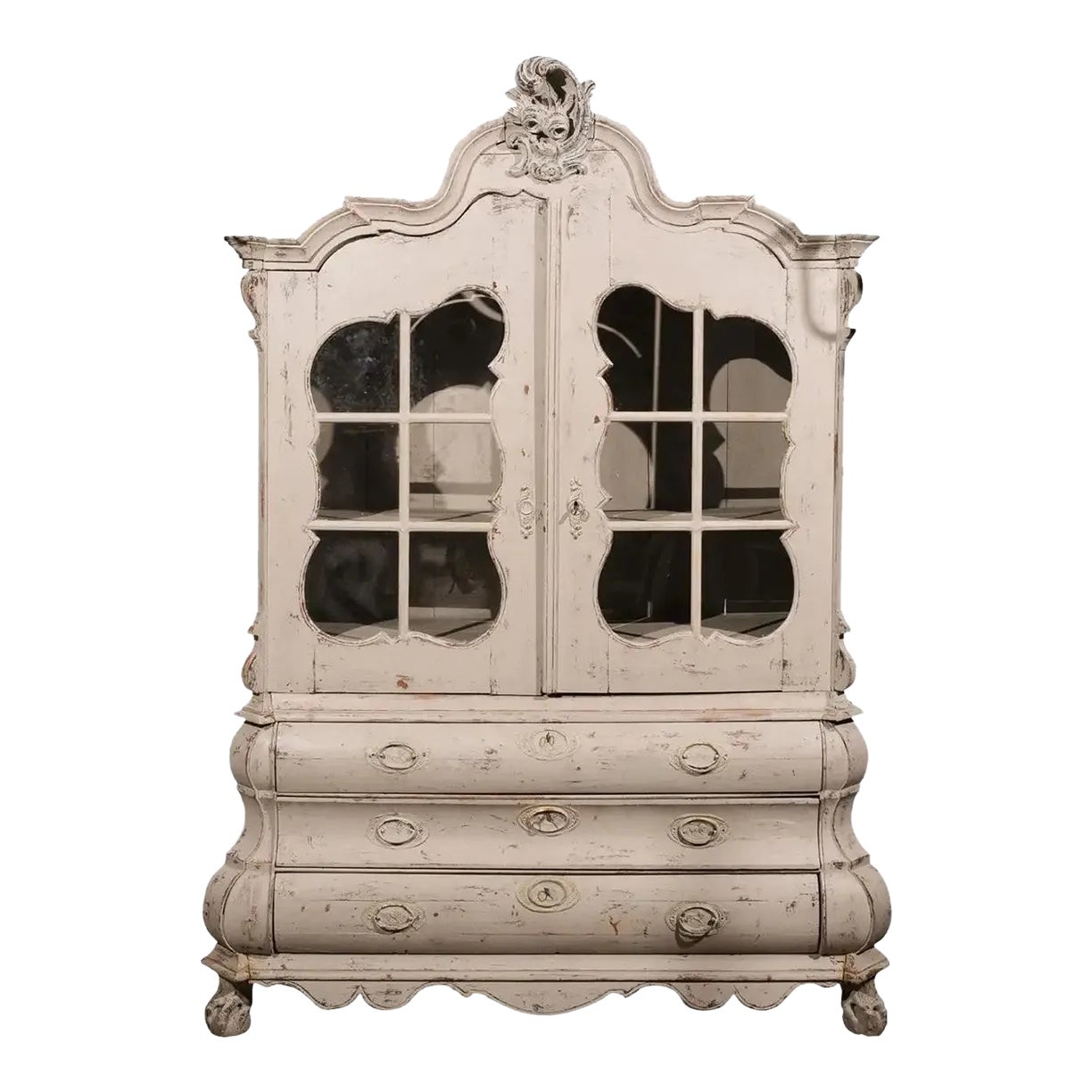 Dutch 1850s Rococo Revival Painted Cabinet with Glass Doors and Bombé ...