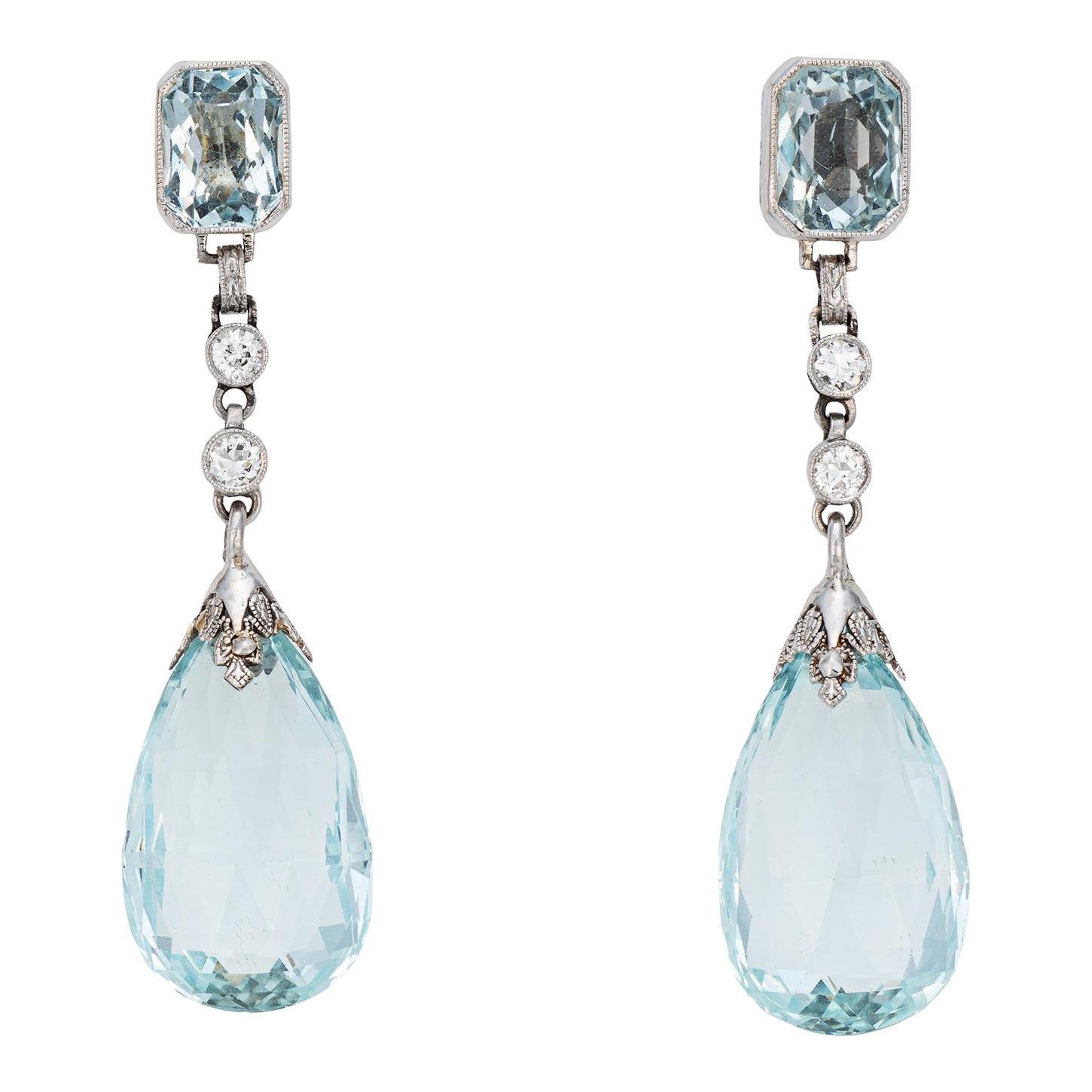 1920s Vintage Art Deco Aquamarine Diamond Platinum Drop Earrings | Chairish