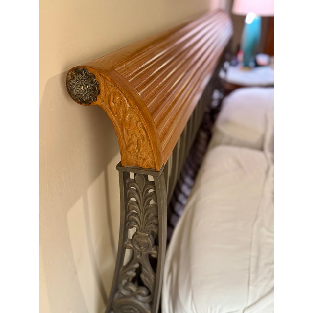 2010s Henredon King Sleigh Bed With Carved Oak and Wrought Iron Metal ...