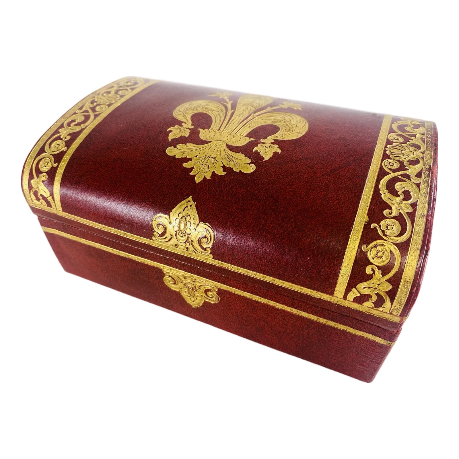 Vintage Swedish Gold Embossed Red Leather Trinket Box | Chairish