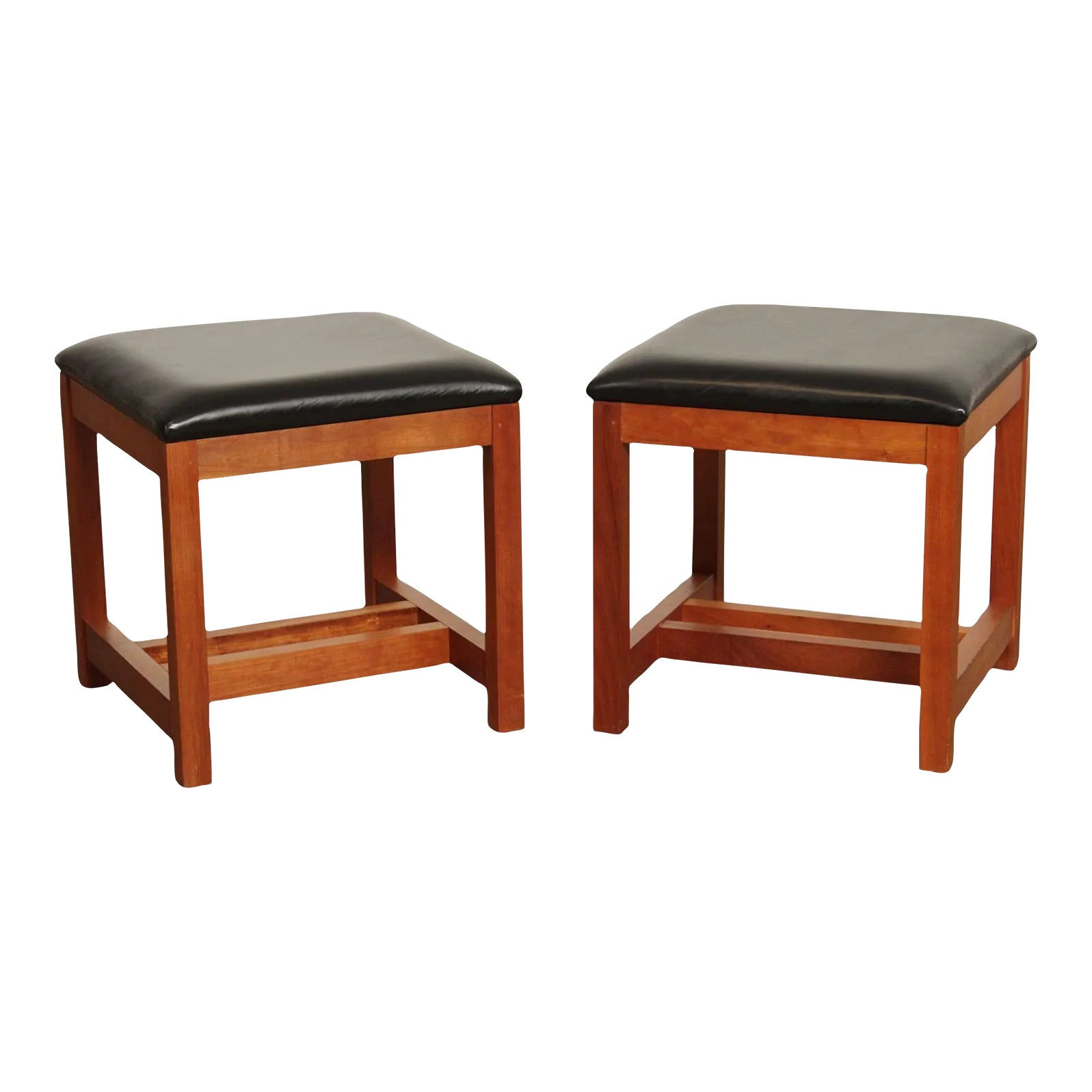 Thomas Moser Mission Style Cherry and Black Leather Ottomans | Chairish