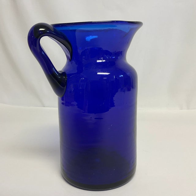 1940s Vintage Art Deco Hand Blown Glass Pitcher in Cobalt Blue. | Chairish