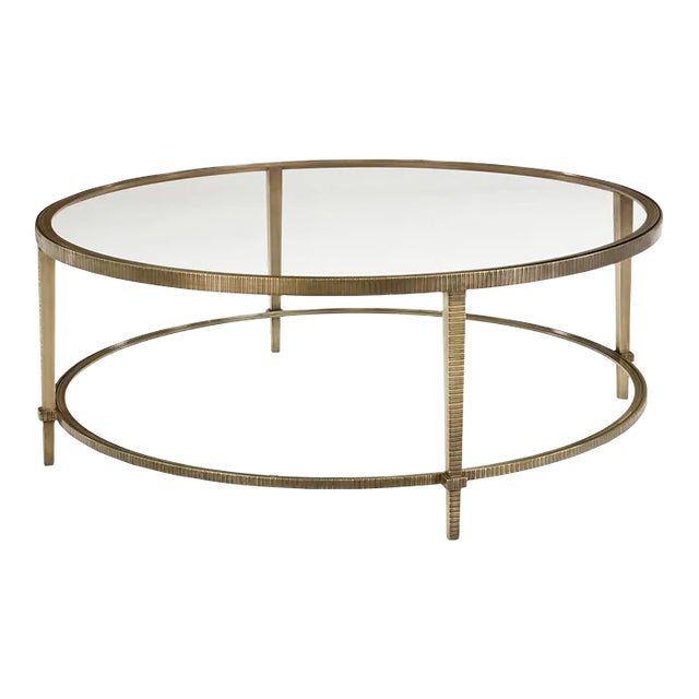 Round 2-Tier Linear Coffee Table in Antiqued Brass Frame With Clear ...