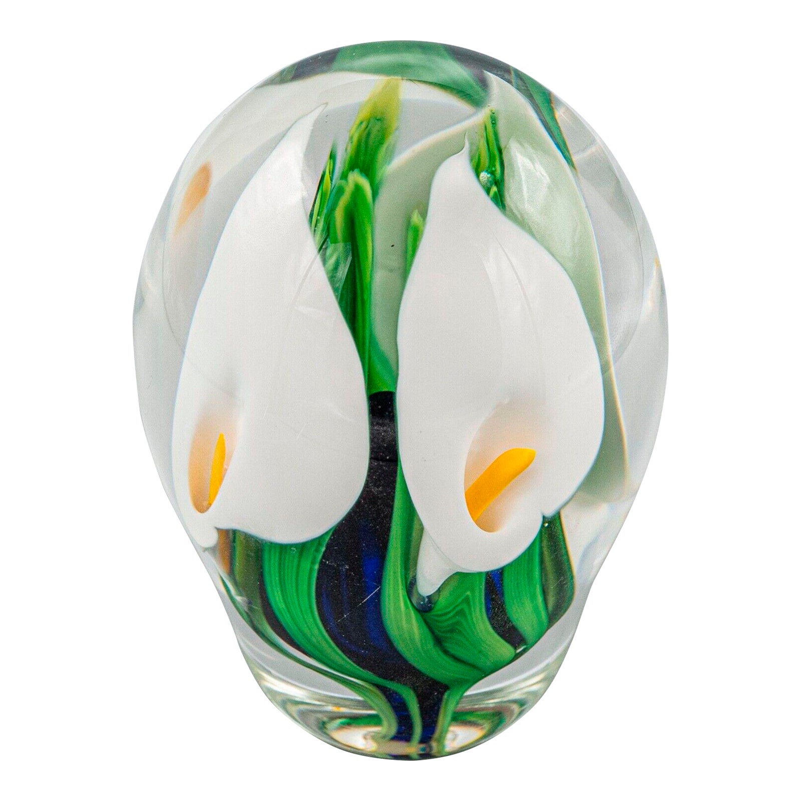 1999 Peter Raos Art Glass Calla Lilies Domed Paperweight | Chairish
