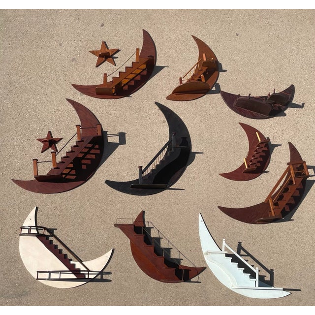 Vintage MCM Hand Made Crescent Moon Stair Step Wood Wall Shelf | Chairish