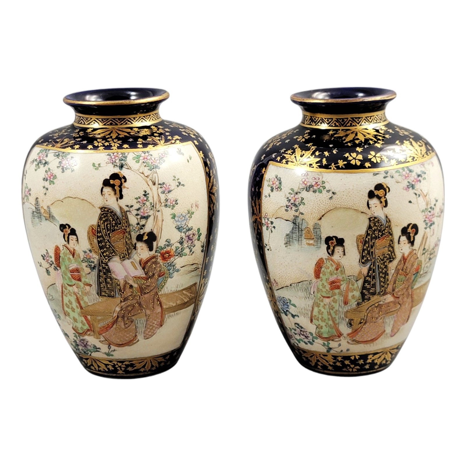 Japanese Meiji Cobalt and Gilded Kyoto Satsuma Vases from Kinkozan ...