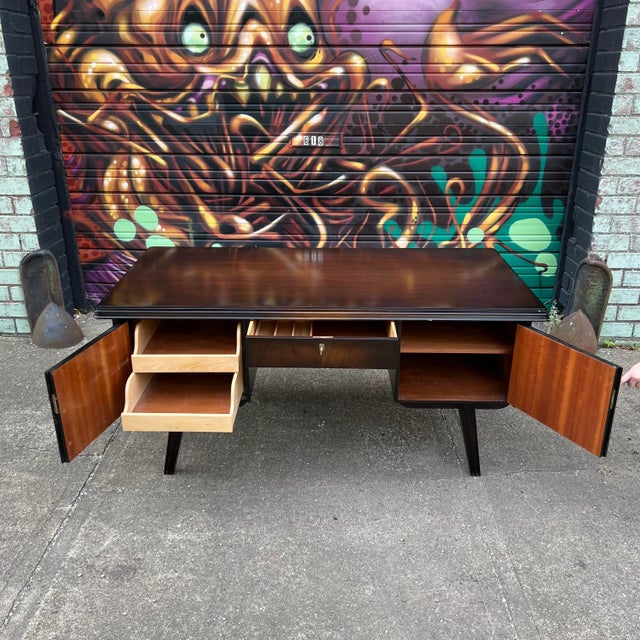 Mid Century German Desk With Bookcase Front Dark Gloss Wood | Chairish