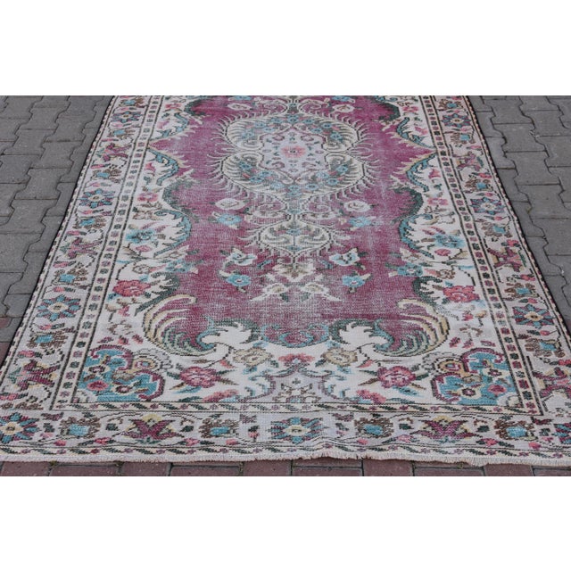 1960s Turkish Bohemian Style Wool Floral Design Distressed Vintage Area ...