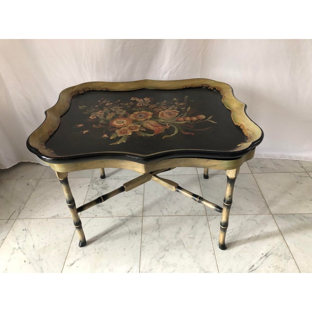 Vintage Hand Painted Floral Wood Tray Table | Chairish
