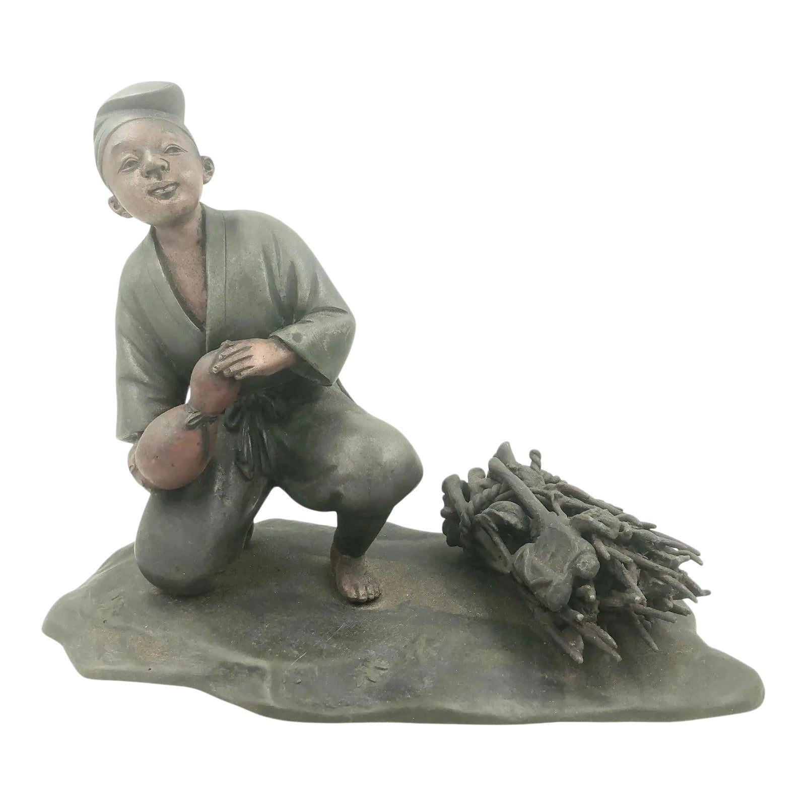 Meiji Japanese Bronze Metal Drinking Sake Farmer Okimono Antique ...