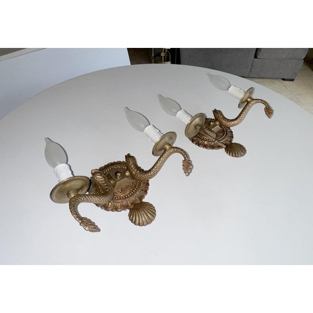 Pair Neoclassic Dolphin Shell Brass Wall Sconces | Chairish