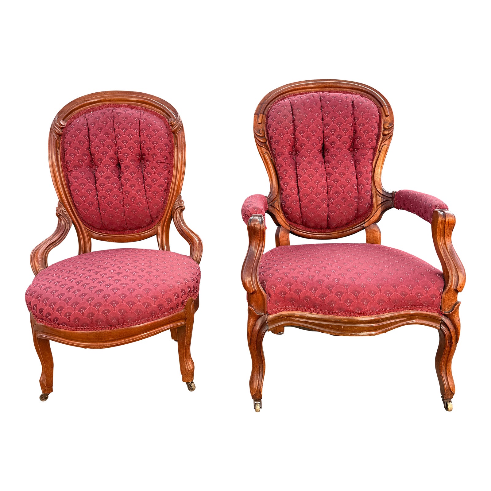 Pair of His/Hers Early 1900s Carved Wood Victorian Parlor Chairs | Chairish