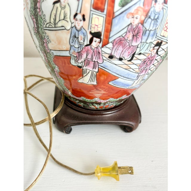 Vintage Chinese Chinoiserie Famille Rose Medallion Lamp on Carved Wood ...