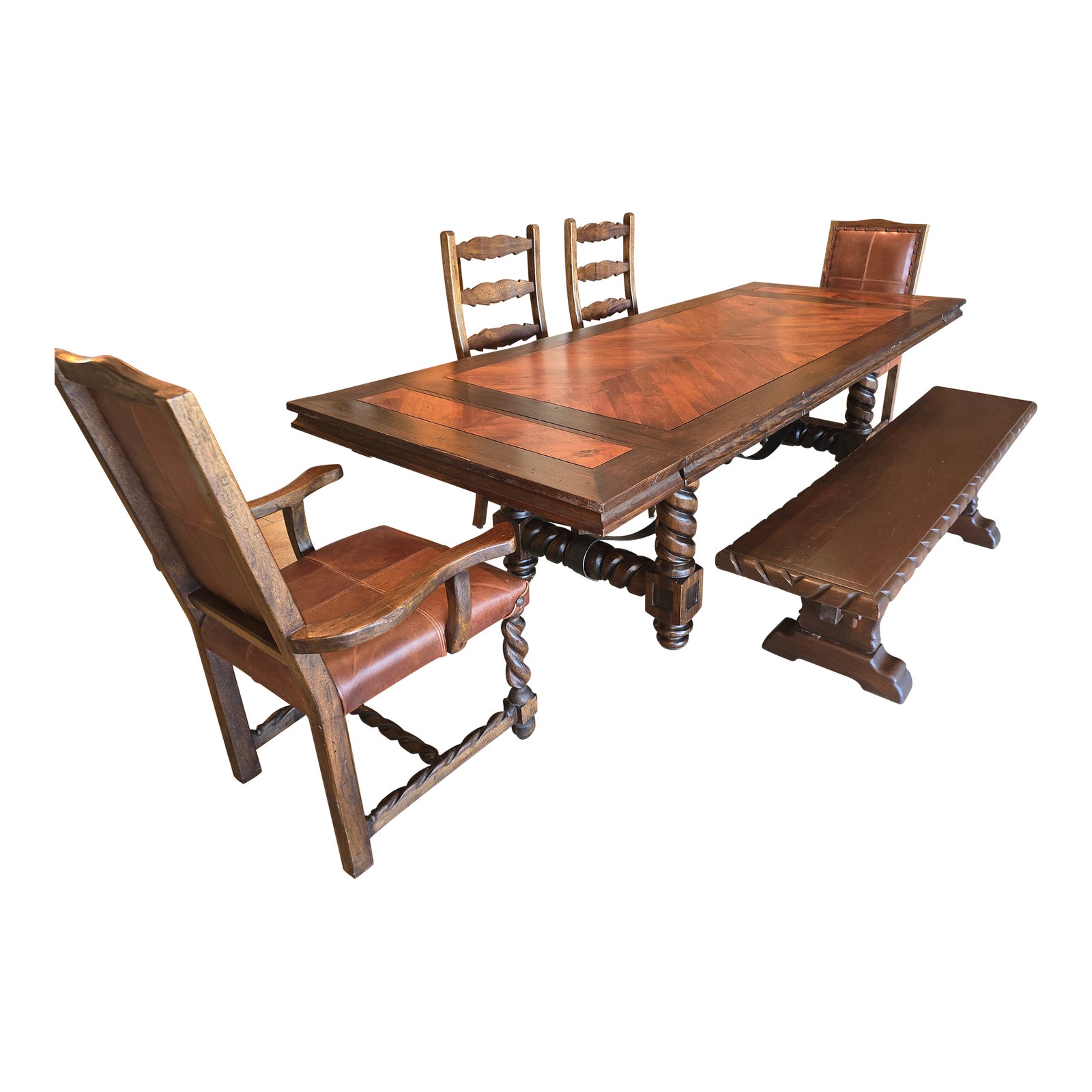 Southwest Spanish Rafaela Rectangle Dining Table - Bench - Chairs 8-Piece Set | Chairish