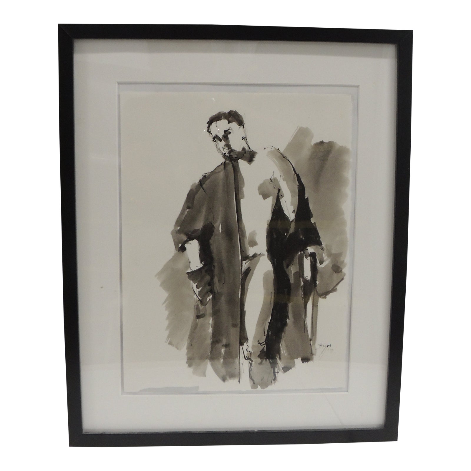 Vintage Black & White Water Color and Pencil Drawing of a Male | Chairish
