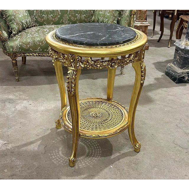 Italian Rococo Style Black Marble Topped Gold Side Table | Chairish