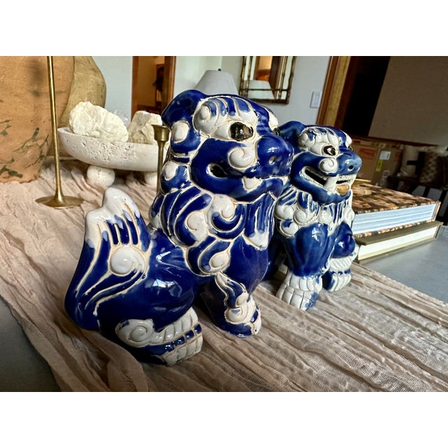 Pair of 1960s Vintage Foo Dogs With Blue Glaze | Chairish