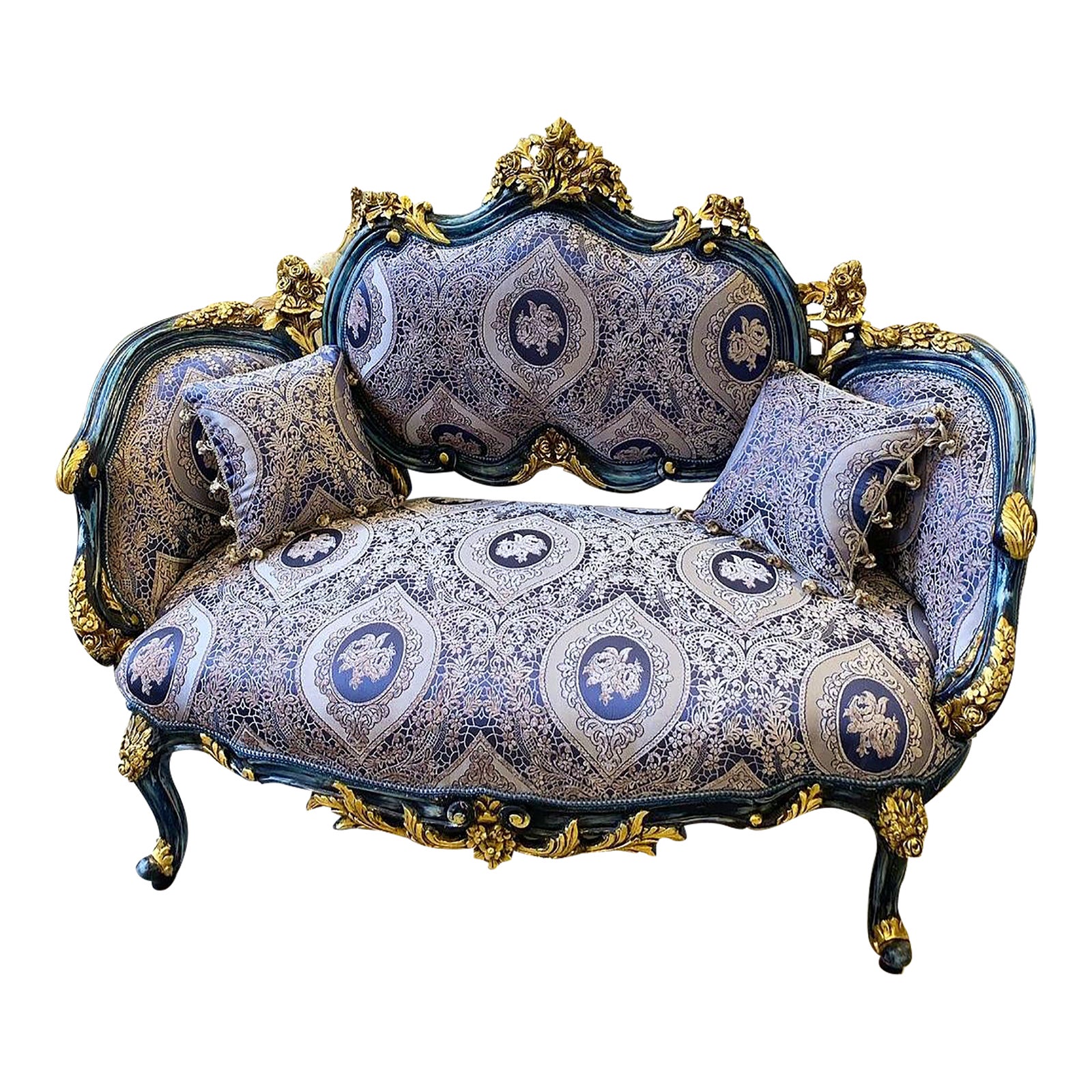 1990s French Style Dark Blue Damask Sofa Vintage Wedding Sofa | Chairish