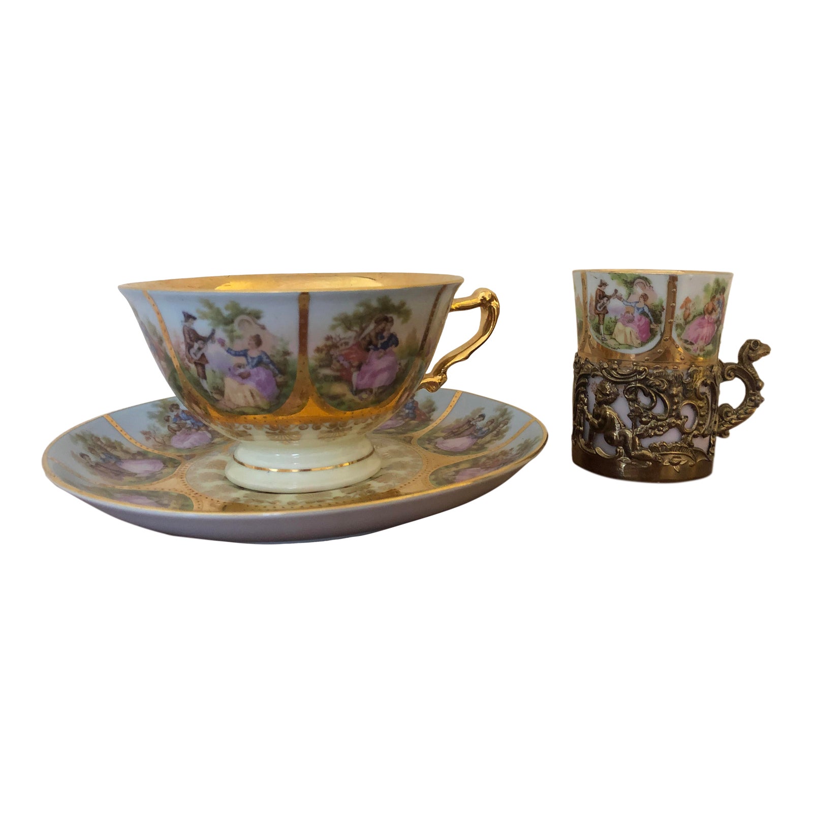 Antique Victorian Cup, Saucer & Espresso Cup With Brass Holder- 4 ...
