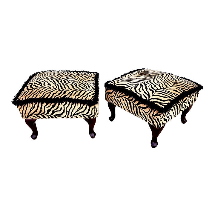 African Tiger Ottomans Pair | Chairish