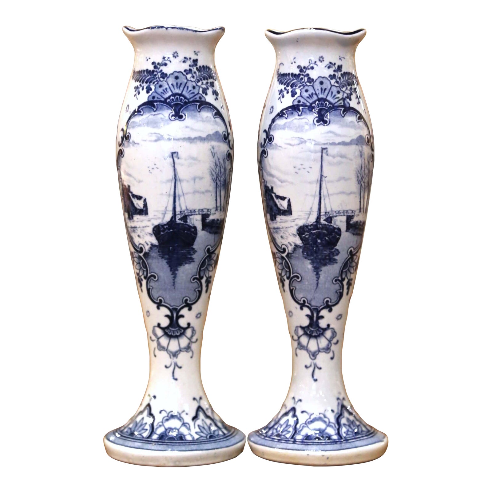 Pair of Early 20th Century Dutch Delft Blue and White Faience Bud Vases ...