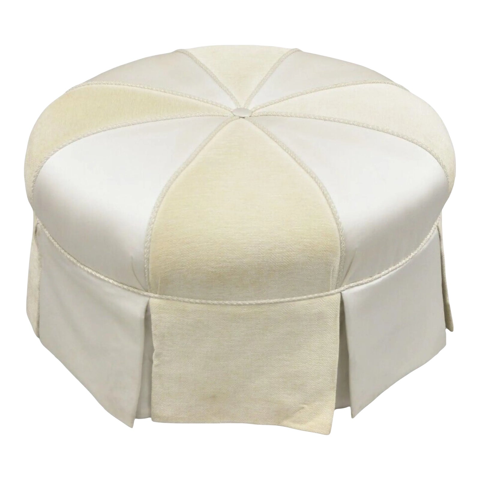 Modern Beige Upholstered Button Tufted Skirted Round Ottoman | Chairish