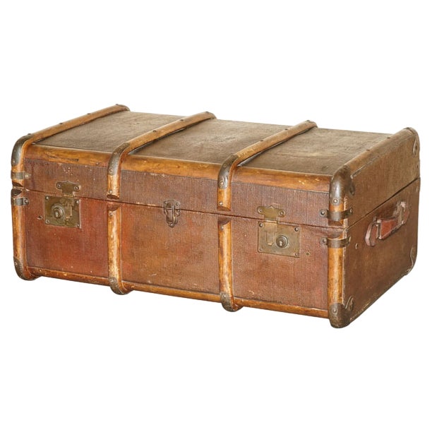 Antique Victorian Leather Elm & Canvas Steamer Trunk, 1880s | Chairish