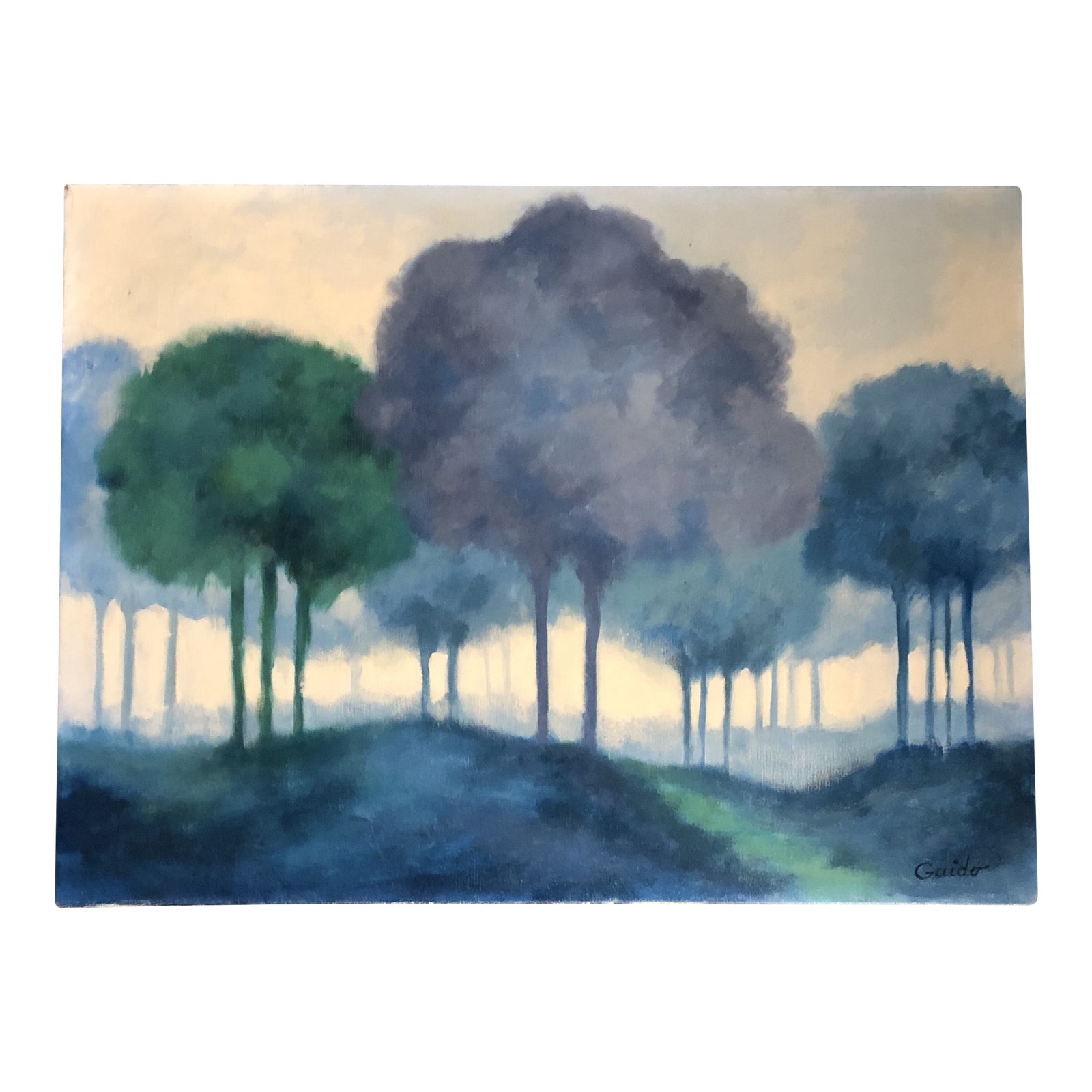 1980’s Original Vintage Abstract Blue Tree Landsape Painting Signed ...
