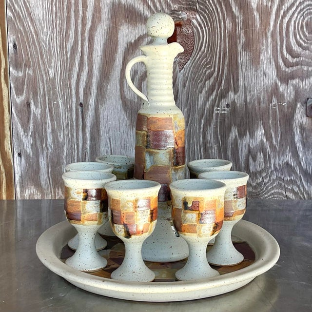Vintage Boho Signed Hand Painted Studio Pottery Carafe Set- 10 Pieces ...