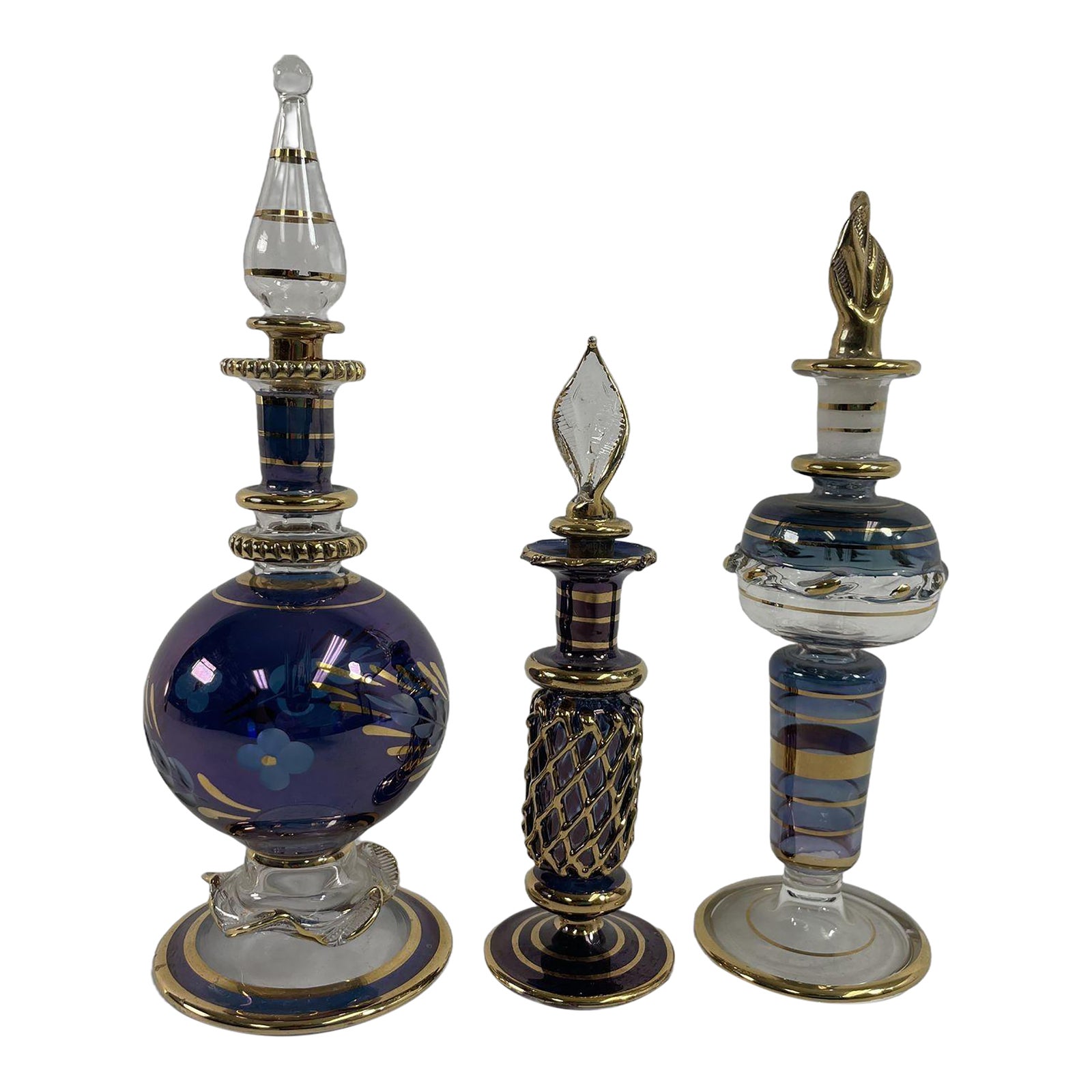 Set of 3 Art Glass Egyptian Perfume Bottles 1950s | Chairish
