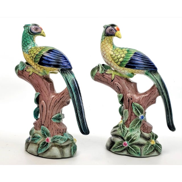 Pair Parrot Phoenix or Peacock Bird Figurine Table Sculptures - Hand ...