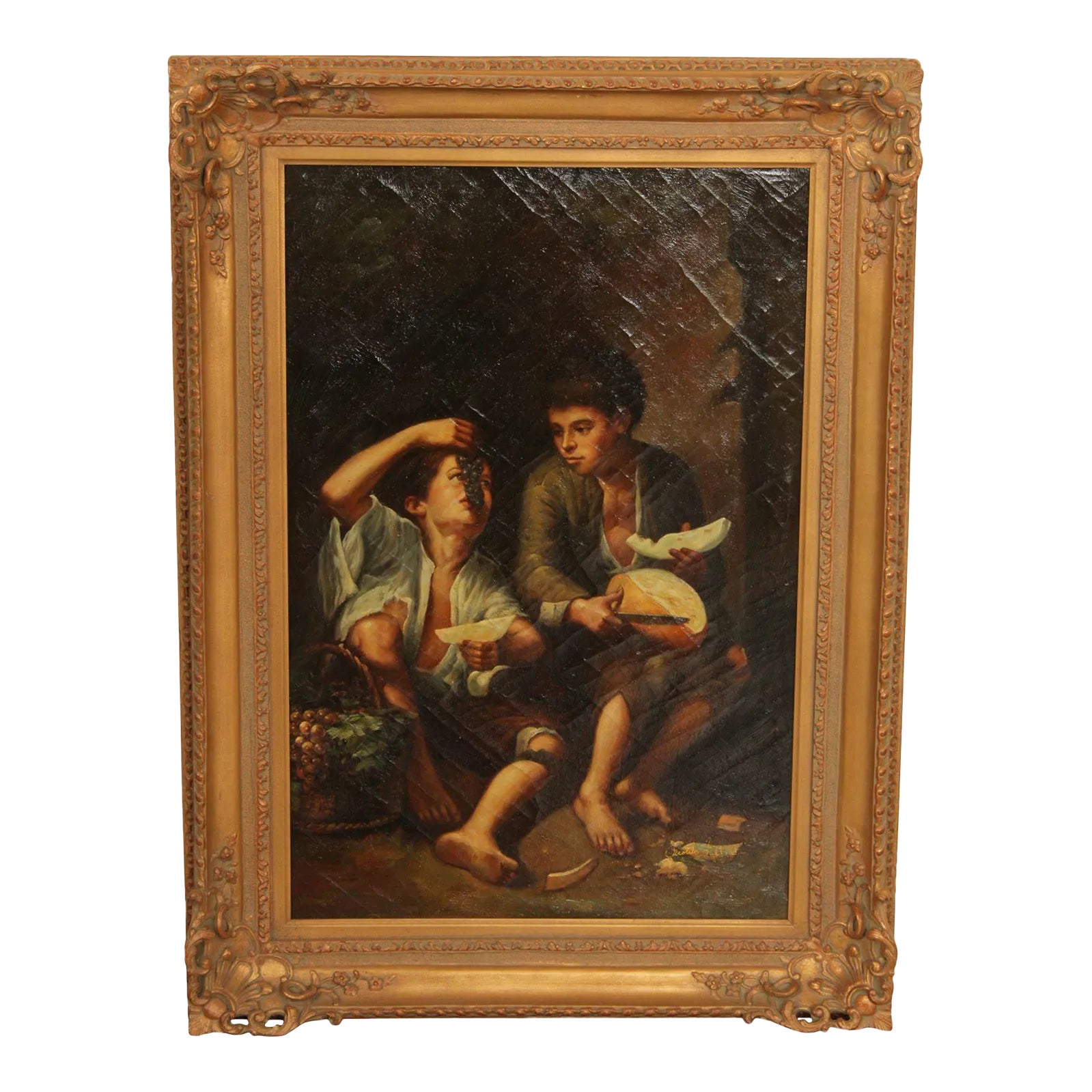 Vintage 20th C. 'Children Eating Grapes and a Melon' Original Painting ...