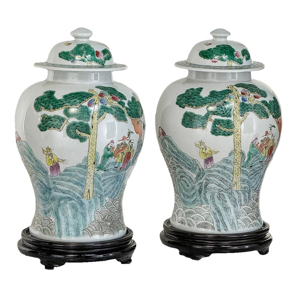 Pair Antique Chinese Porcelain Lidded Urns With Wood Bases | Chairish