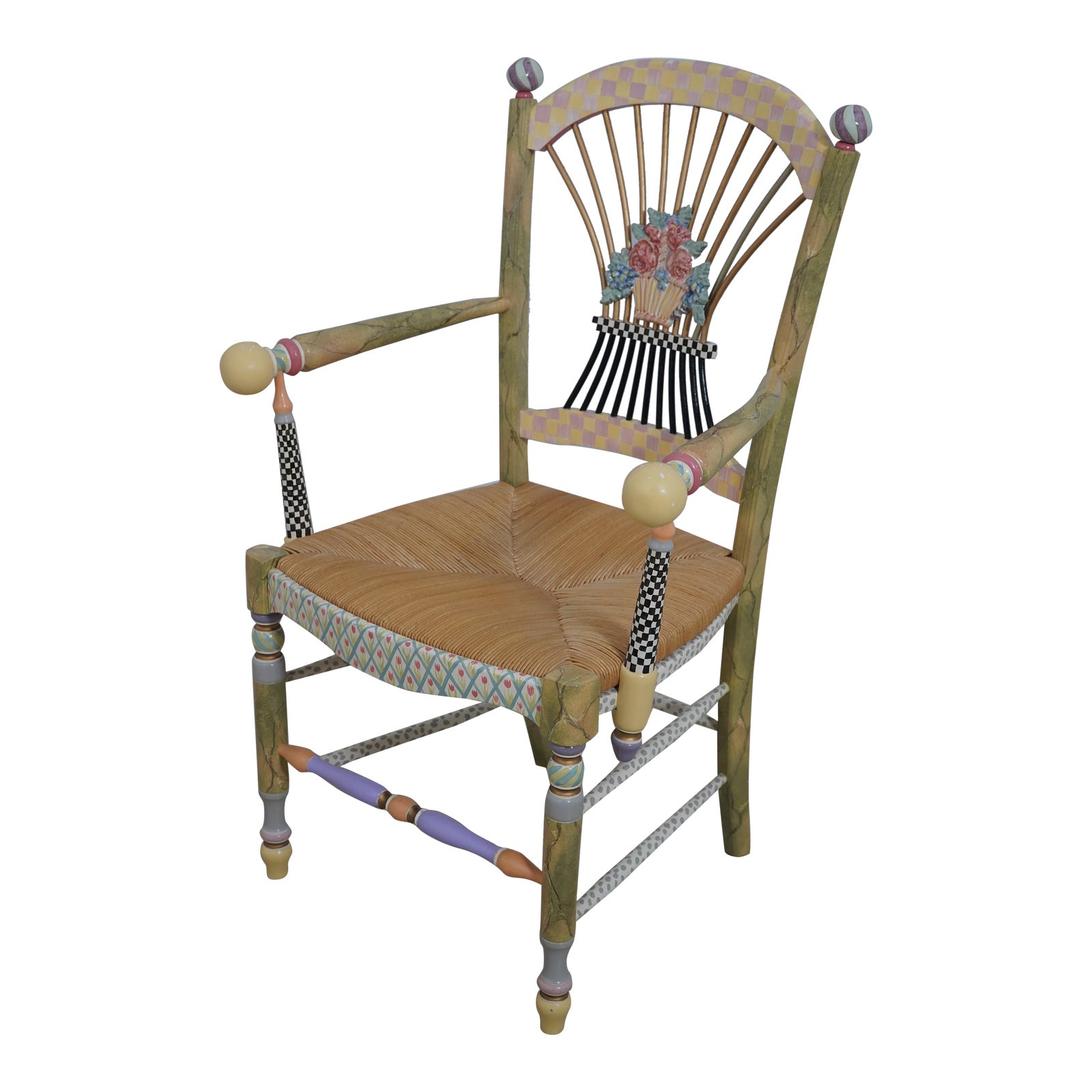 Mackenzie Childs Whimsical Decorated Rush Seat Armchair | Chairish
