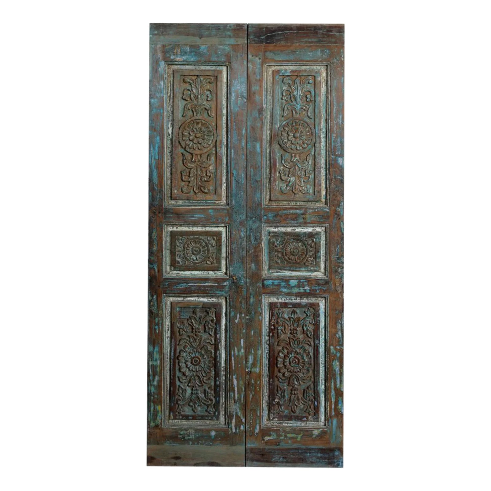 Antique Double Doors Blue Hues Floral Carved Door Panels - a Pair ...