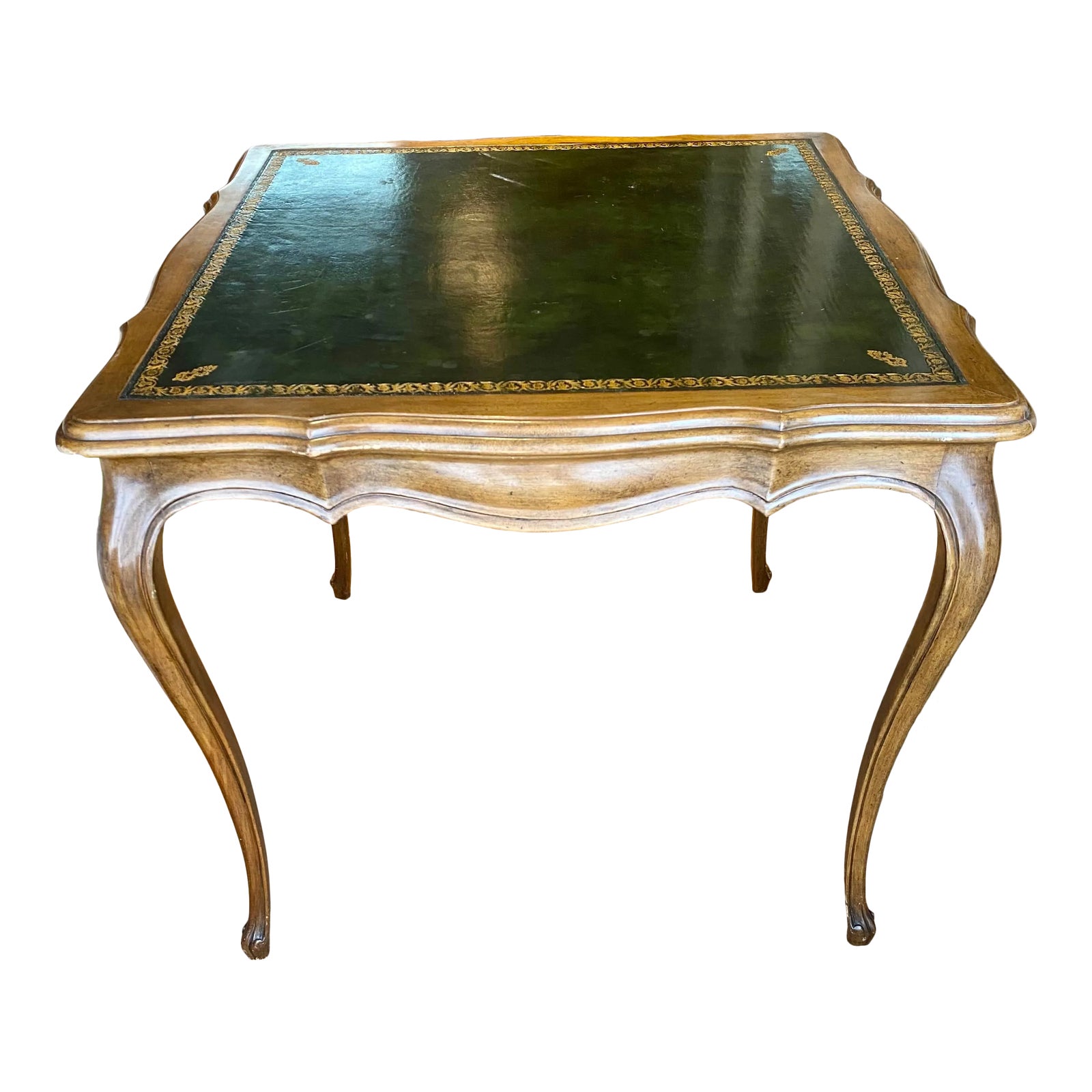 French Walnut Leather Top Cards Table | Chairish