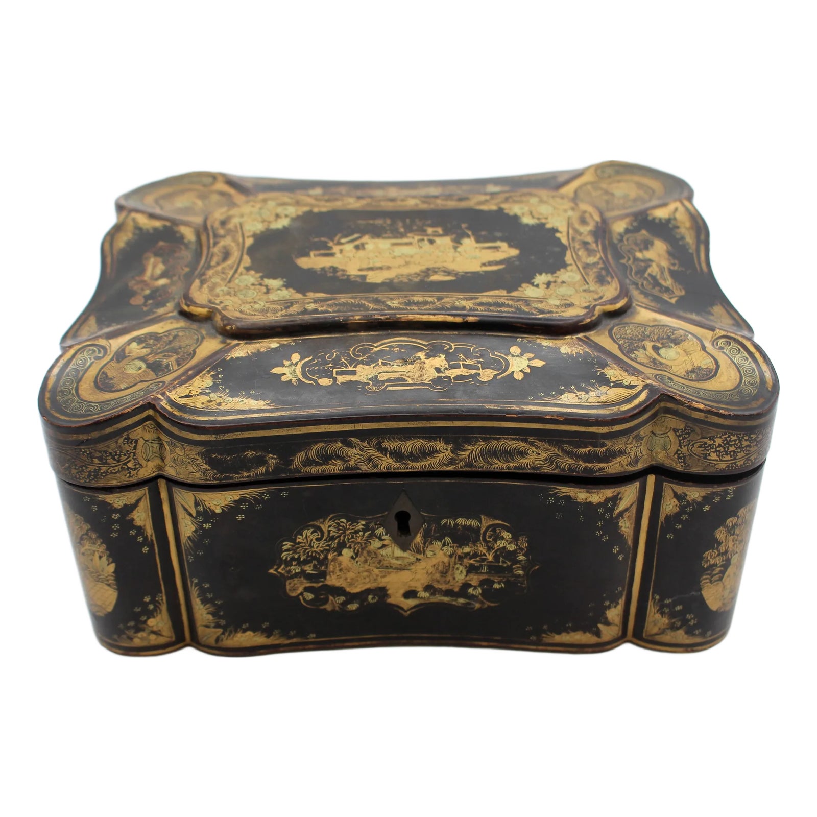 C. 1840-60 Chinese Lacquer on Wood Cartouche Shaped Box | Chairish