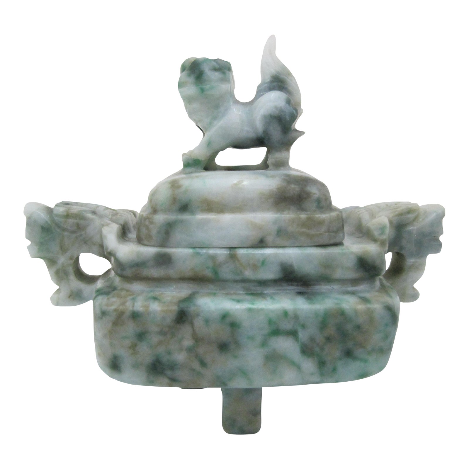 Chinese Carved Foo Dog Green Jade Stone Lidded Censor Box Jar | Chairish