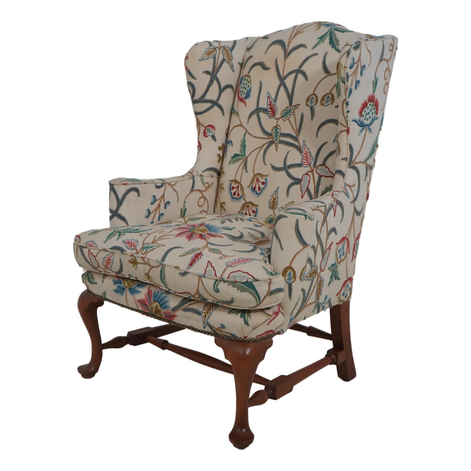 Kittinger Biggs Queen Anne Mahogany Crewelwork Wing Chair | Chairish