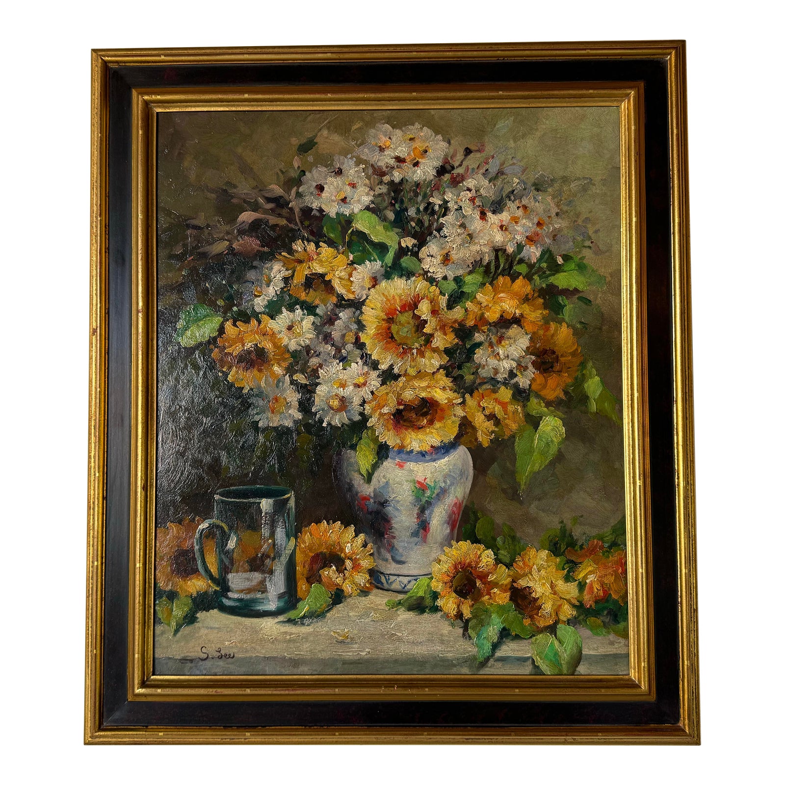 1980's Vintage S. Lee Still Life of Sunflowers and Daisies on Vase Oil ...