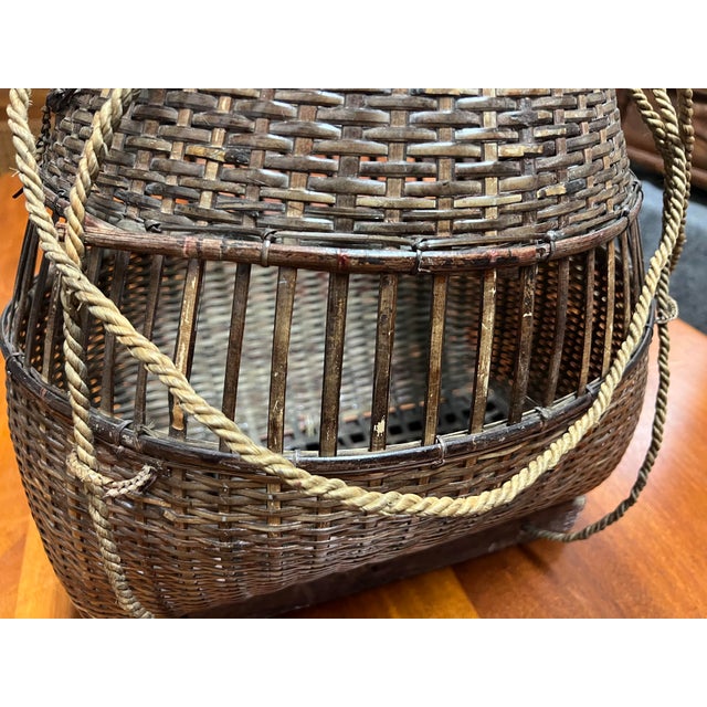 20th Century Rustic Asian Antique Bamboo Wicker Fish Basket | Chairish