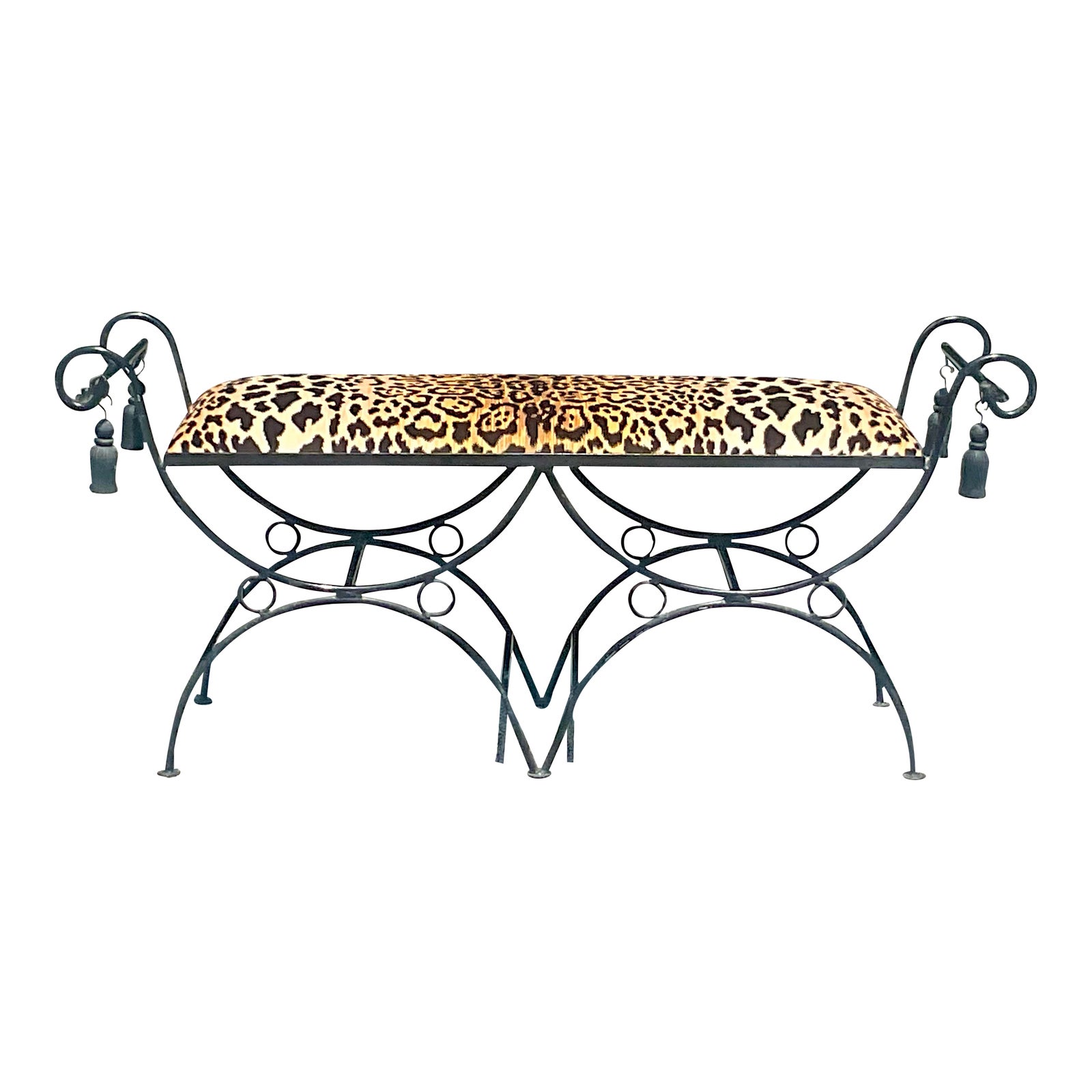 Vintage Regency Leopard Wought Iron Tassel Bench | Chairish