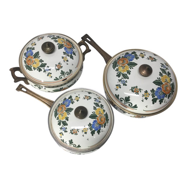 Vintage Asta Enamel and Brass Cookware - 6 Pcs Set | Chairish