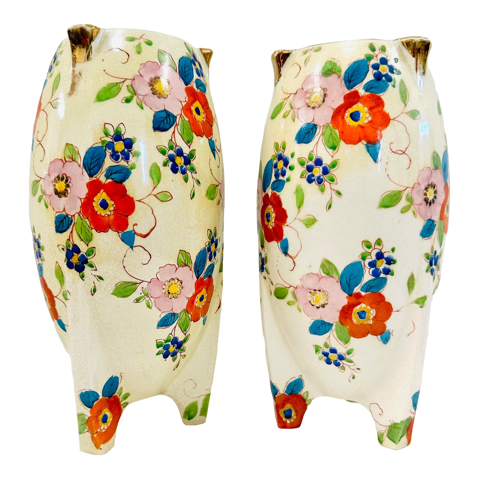 Japanese Art Deco Lusterware Vases Floral With Gold Accent, Circa 1930s ...