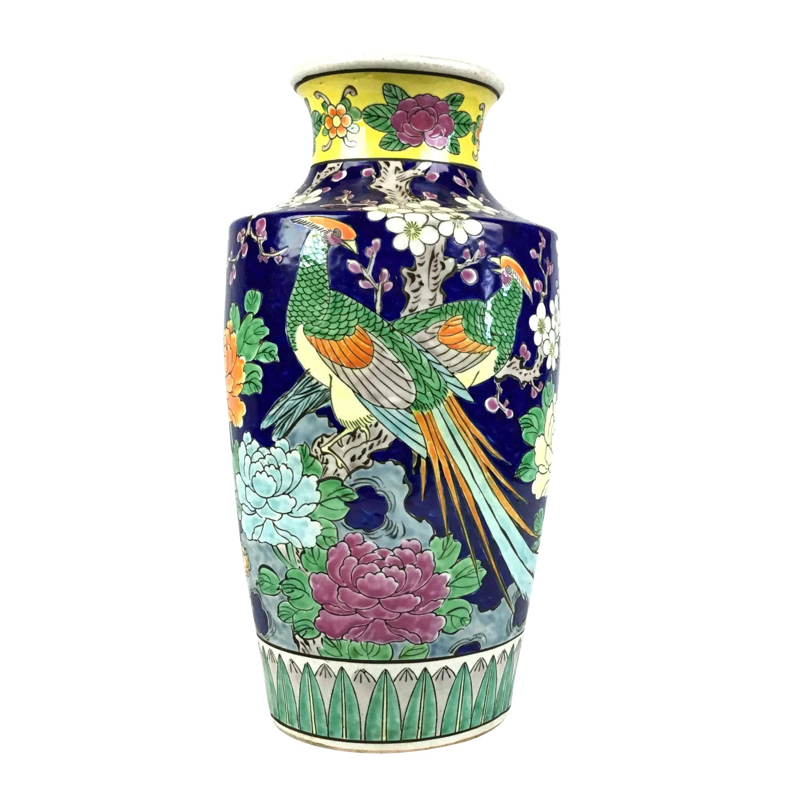 1950’s Vintage Japan Double Peacock Cobalt Hand Painted Vase | Chairish