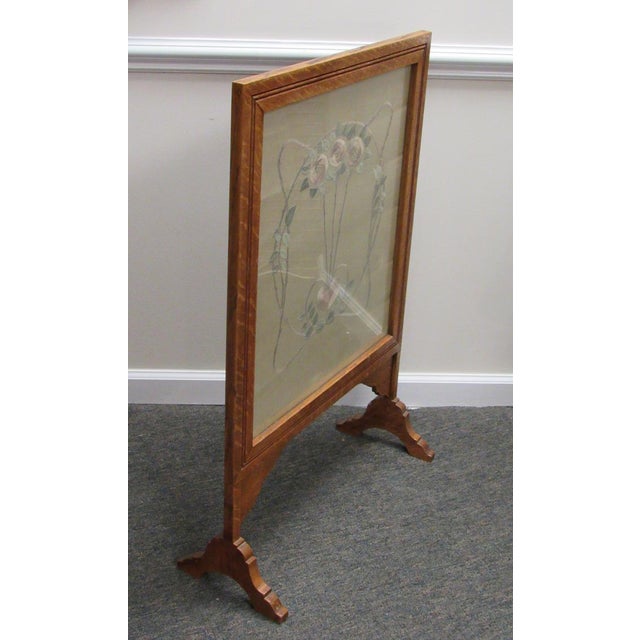 Arts and Crafts Nouveau Tiger Oak and Embroidery Fireplace Screen ...