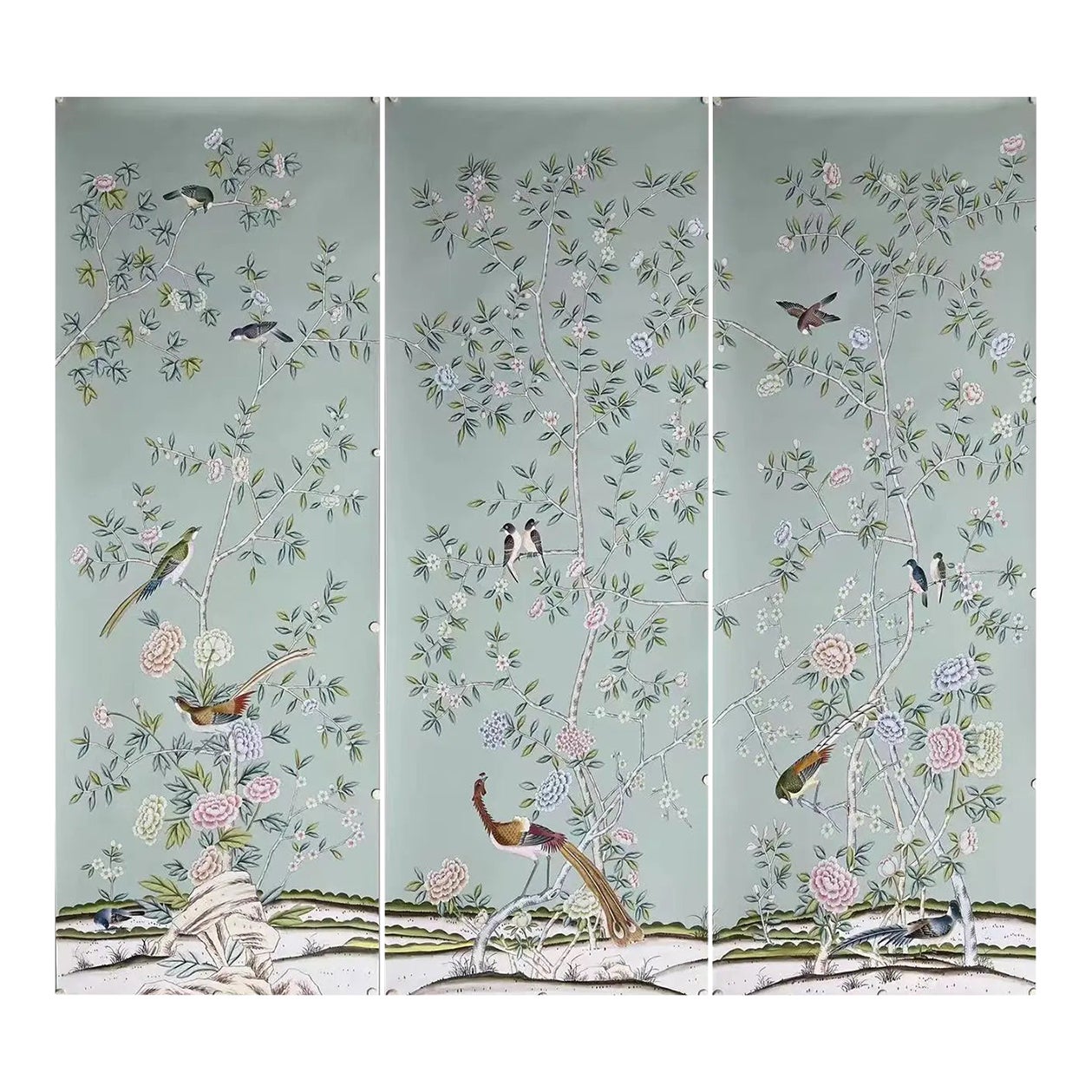 Chinoiserie Mural Hand Painted Wallpapers - 3 Panels | Chairish