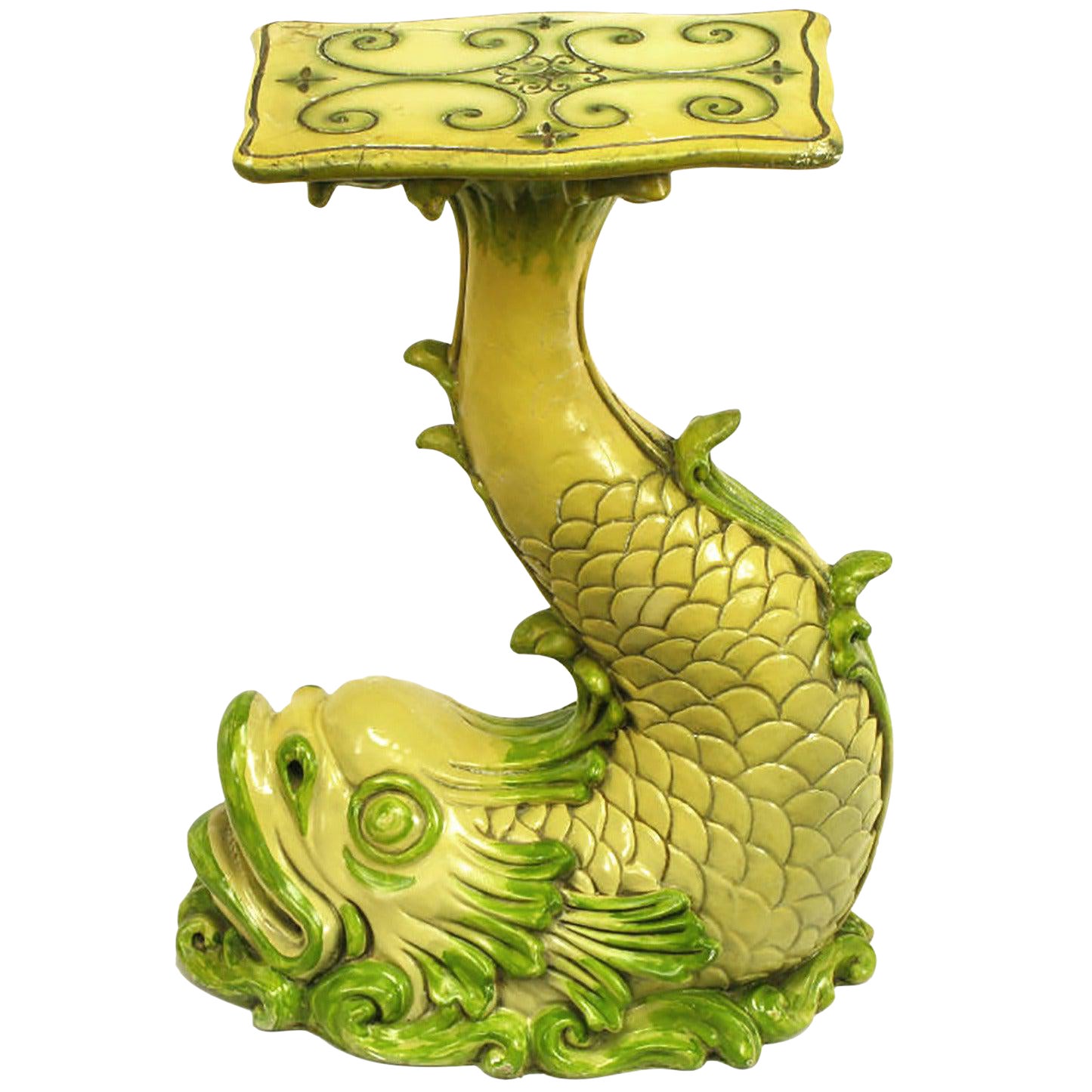 Saffron Yellow & Moss Green Lacquered Dolphin Pedestal Table | Chairish