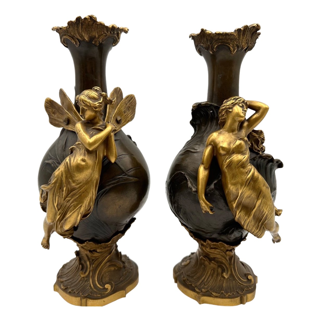 19th Century Bronze Vases with Nymphs in Gilded Bronze by Ferville Suan ...